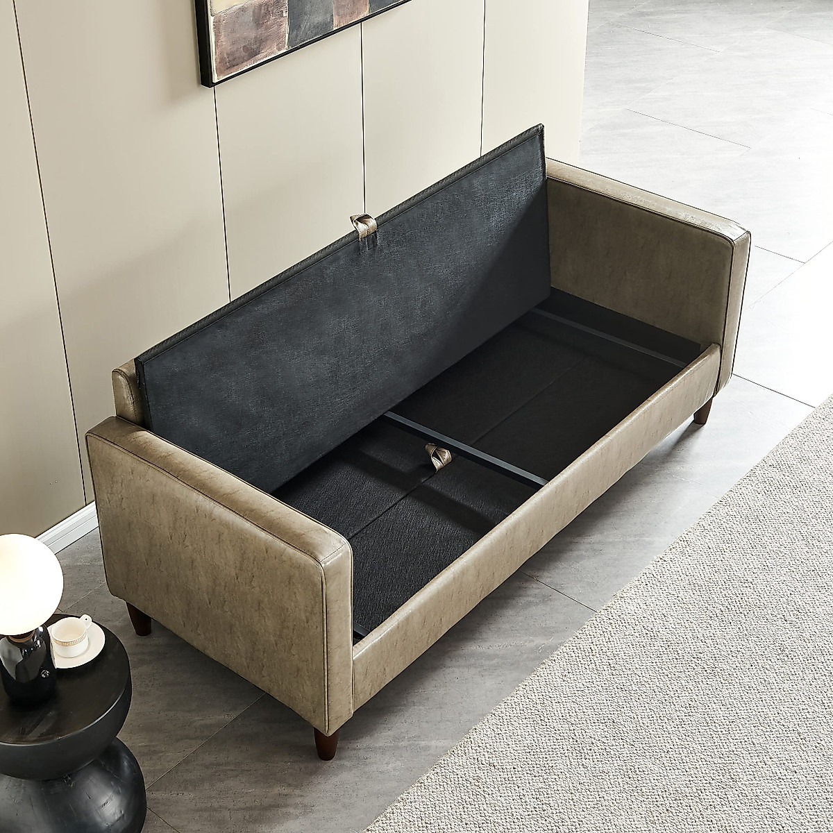 TARTOP Vegan PU Leather Living Room, Mid-Century Upholstered 3 Sofa Couch with 2 Pillows,Hidden Storage Space and Button Tufted Seat for Home or Office,Khaki