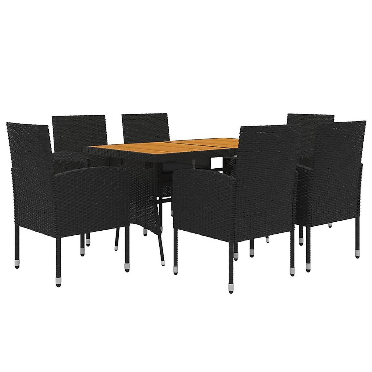 vidaXL Black Poly Rattan 7 Piece Patio Dining Set with Comfortable Cushioned Chairs and Solid Acacia Wood Table – Outdoor Furniture
