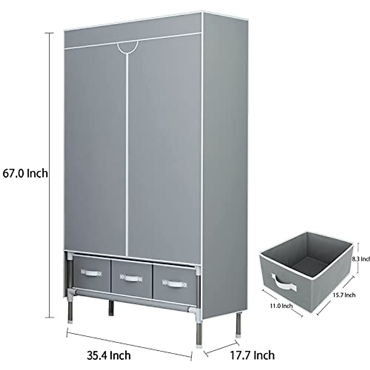 ASSICA Portable Clothes Closet Rolling Door Wardrobe with Hanging Rack Non-Woven Fabric Storage Organizer with Three Drawer Boxes No-Tool Assembly - 35.4 x 17.7 x 67.0 ‘’ (Gray)