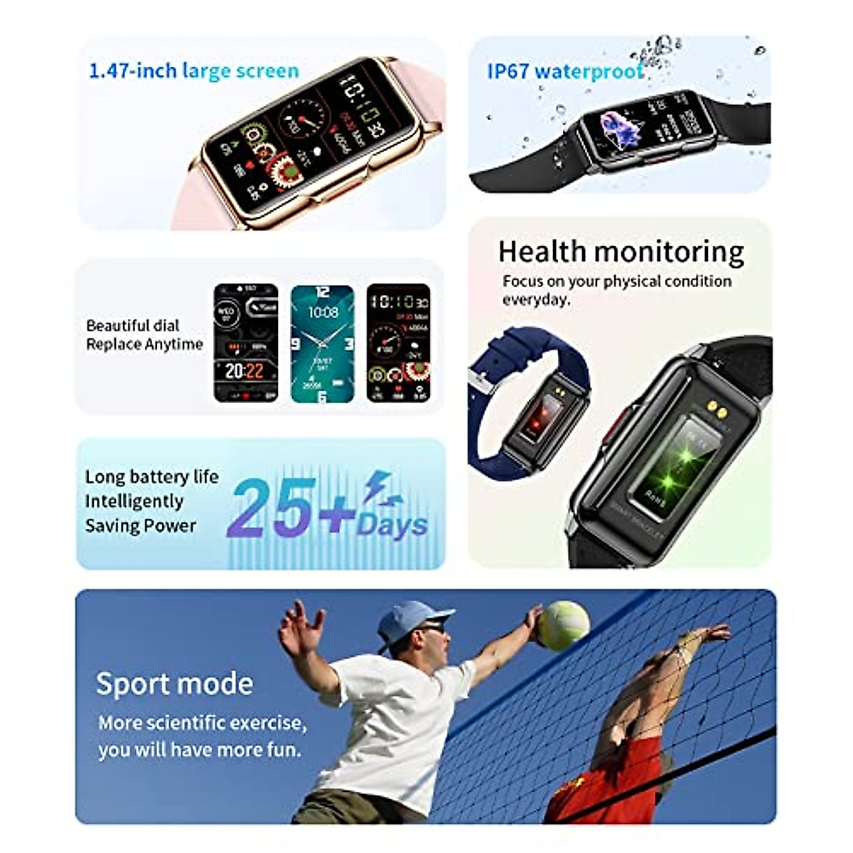 FORSINING Smart Watch Heart Rate Blood Oxygen Monitor 1.47" for Women Men Speed Measurement Sleep Tracker IP67 Waterproof for Android iOS Phones, Black Black