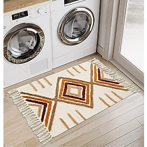 Uphome Small Bathroom Rug 2'x3' Hand-Woven Washable Front Entryway Rug with Tassels, Beige Soft Cotton Diamond Tufted Kitchen Mat Colorful Farmhouse Geometric Throw Rug for Bedroom Foyer Laundry