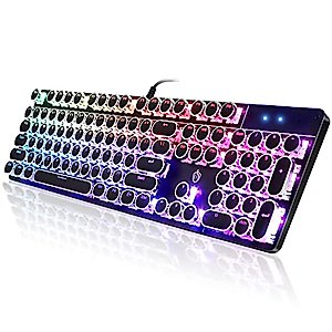 YSCP Typewriter Style Mechanical Gaming Keyboard RGB Backlit Wired with Blue Switch Retro Round Keycap 104 Keys Keyboard (Writertype Keyboard-104keys Black)