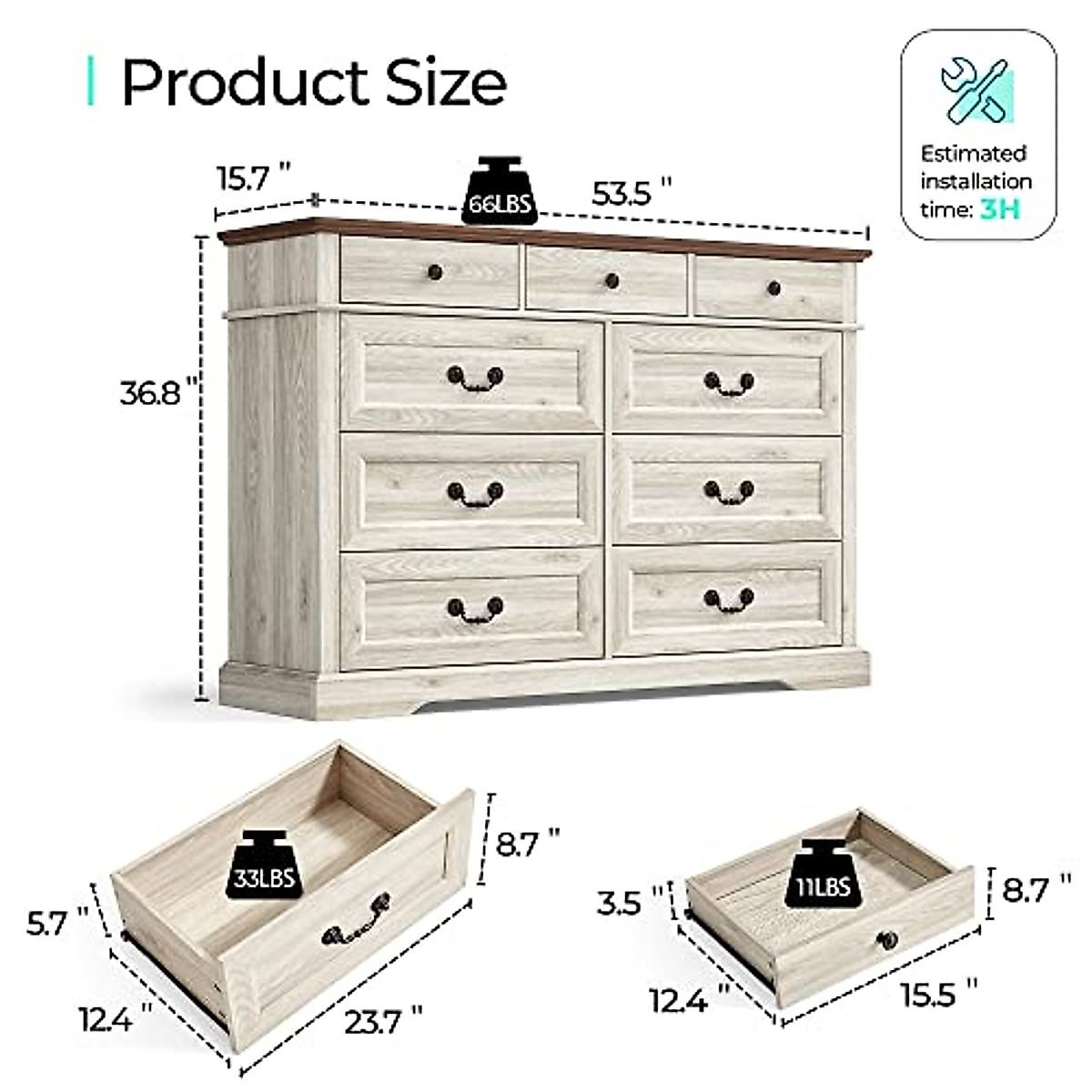 LINSY Dresser for Bedroom, 9 Drawers Bedroom Dresser Wood for Nursery, Tall Chest of Drawers, 53 Inch Wide Farmhouse Wood Dresser for Bedroom, Hallway, Closet, Living Room, Beige