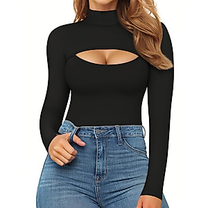 MANGOPOP Black Bodysuit Mock Neck Cutout Front Long Sleeve Tops