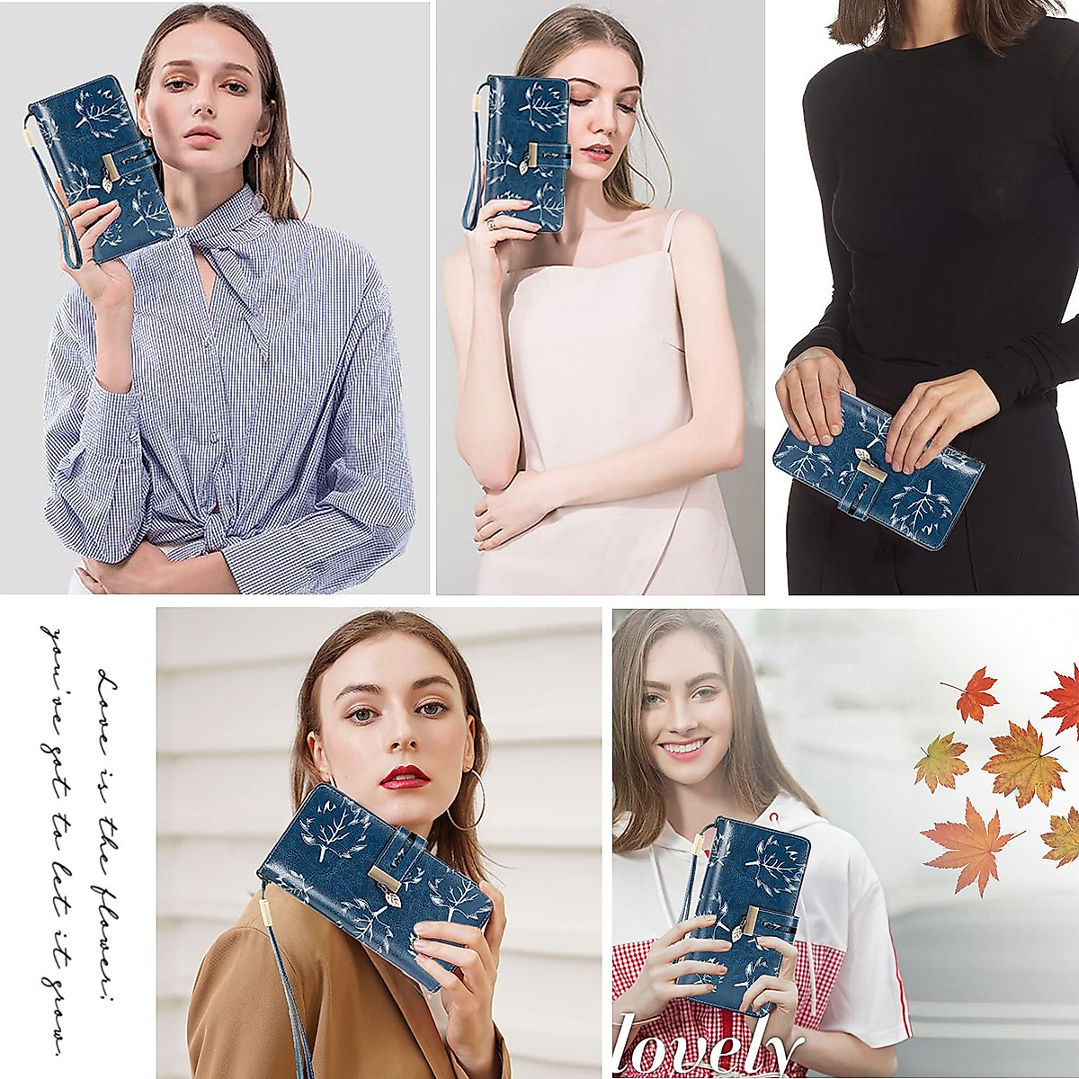 HUANLANG Women Wallets Large Ladies Leather Wallet with Coin Pocket RFID Wallet Organizer for Women with Wrist Strap (Blue Leaf)