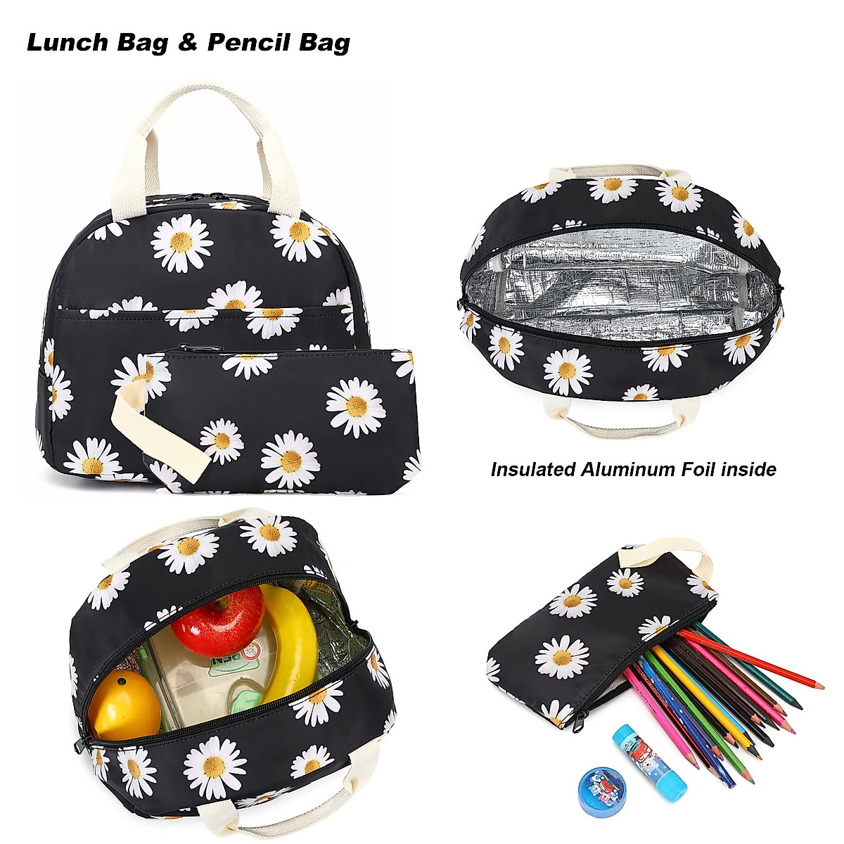 Yusudan Daisy Girls School Backpack Set, Kids Teens School Bag Bookbag with Lunch Bag Pencil Bag (Black)