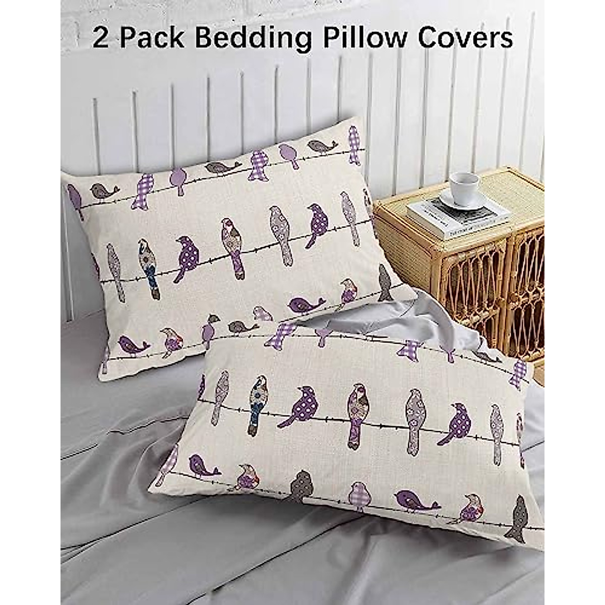 Edwiinsa Purple Grey Plaid Pillow Covers Standard Size Set of 2 20x26 Bed Pillow, Farmhouse Burlap Spring Floral Birds Plush Soft Comfort for Hair/Skin Cooling Pillowcases with Envelop Closure