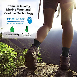 aZengear Premium Coolmax Merino Wool Hiking Socks for Men & Women - Trekking - Seamless Toe - Cushioned - Breathable & Soft - L