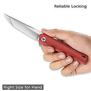 TRIVISA Japanese Front Flipper Pocket Knife，3.58in Stonewashed&Satin Folding Tanto Blade Red Micarta Handle with Clip，Unique Liner Lock Slim EDC Knives for CEO Gentleman/Men Camping Hunting,Equ-04R