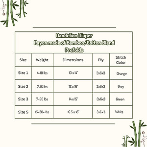 Dandelion Diapers Prefold Cloth Diapers Made from Viscose Bamboo and Cotton Blend Versatile Baby Diaper, 12 Count - Size 3 Infant Pinless Prefold