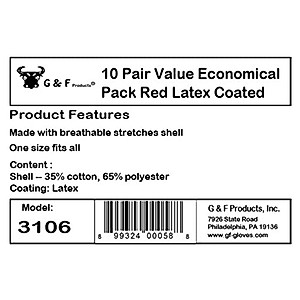 G & F Products 3106-10 String Knit Palm, Latex Dipped Nitrile Coated Work Gloves For General Purpose, 10-Pairsper Pack, Red, Large