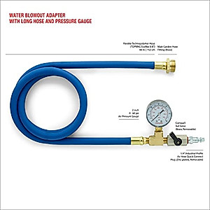 TOPRING Long Hose Air Compressor Water Blow Out Adapter with integrated Pressure Gauge. RV Winterizing Kit with male garden hose connector, Blue Hose