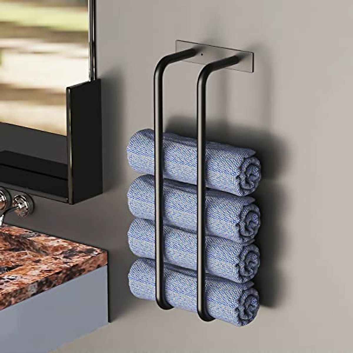WUIVIUT Adhesive Towel Racks for Bathroom Wall Mounted, Rolled Bath Towel Holder Storage-Stainless Steel, Black Towel Shelf for Bath Towels, Hand Towels