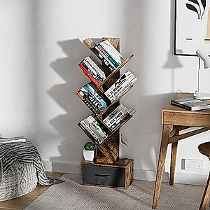 Egepon 6-Tier Tree Bookshelf with Drawer Rustic Brown Book Shelf Storage Rack Floor Standing Bookcase for CDs Movies Books Multifunctional Organizer Shelves for Home Office Living Room Bedroom
