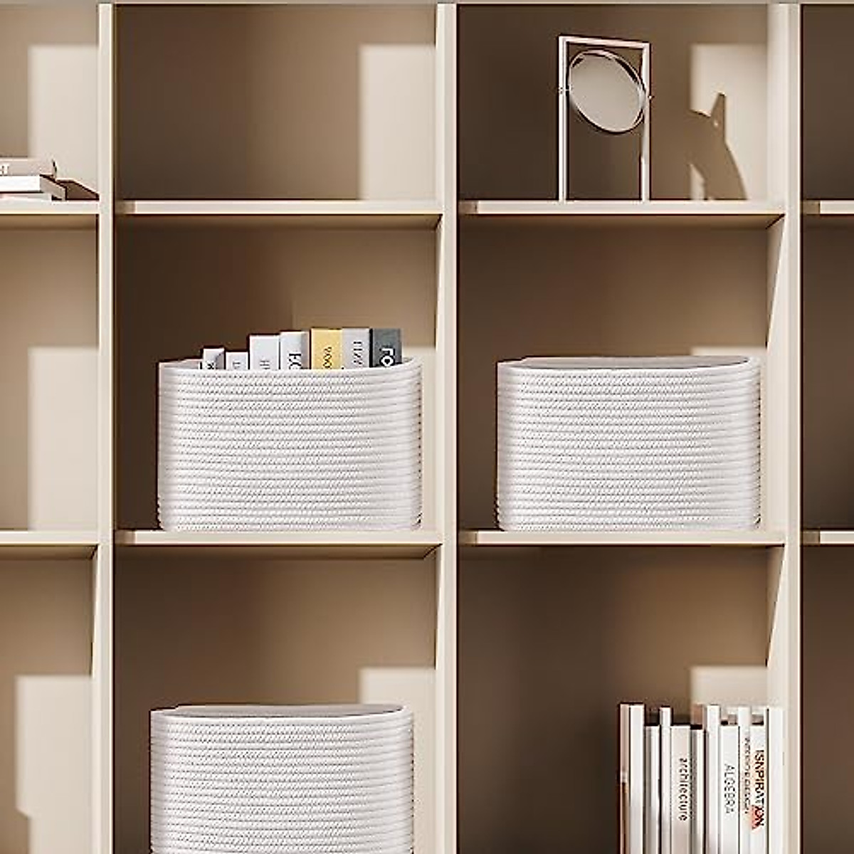 MEGASKET White Baskets for Organizing Set 3, 14.9" X 9.4" X 8.6" Cotton Rope Woven Baskets with Handles, Shelves White Wicker Storage Baskets, Baby Kids Closet Organizer Storage Bins, Cream White