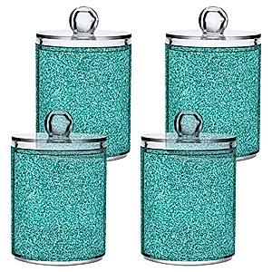 MCHIVER Teal Green Turquoise Glitter Bathroom Canisters Organizer 2 Pack Clear Plastic Jars with Lids 10 Oz Makeup Organizer for Cotton Ball Swab Round Pads Floss