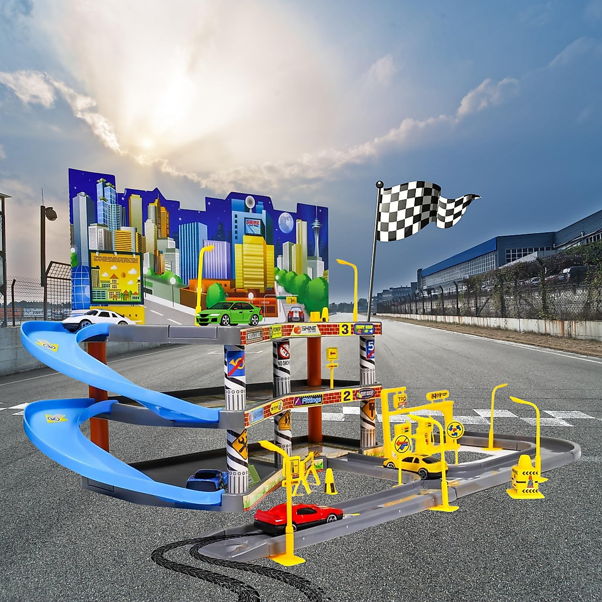 Kidplokio Ultimate Toy Car Garage Diecast Vehicle Playset with 4 Diecast Cars, Boys Ages 3+