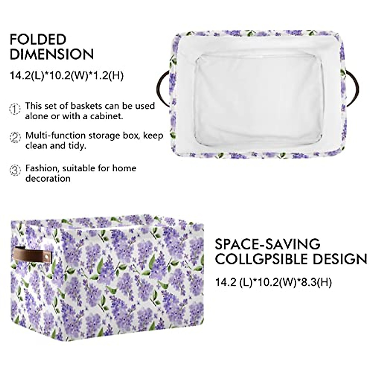 ALAZA Purple Lilac Flowers Storage Basket Rectangle Collapsible Storage Bins With Handles Durable Canvas Toy Basket Organizer Bin For Shelf Closet Bedroom Home Office