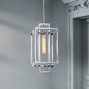 BUNKOS 1-Light Lantern Pendant Light in Chrome Finish, Geometric Hanging Light Fixture, 8" Farmhouse Chandelier for Kitchen Island Foyer Hallway, Adjustable Height, T10 Bulb Included