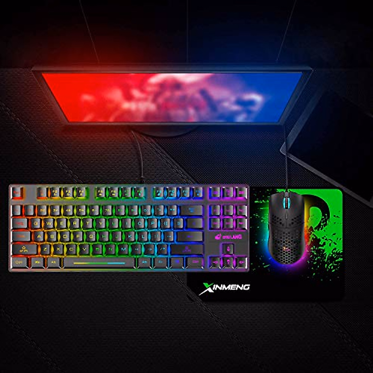 RGB Gaming Keyboard and Mouse Combo, 87 Keys USB Wired Rainbow Keyboard and Lightweight Gaming Mouse, 6400 DPI Adjustable, 6 Programmed Buttons, for Laptop PC Computer Game and Work