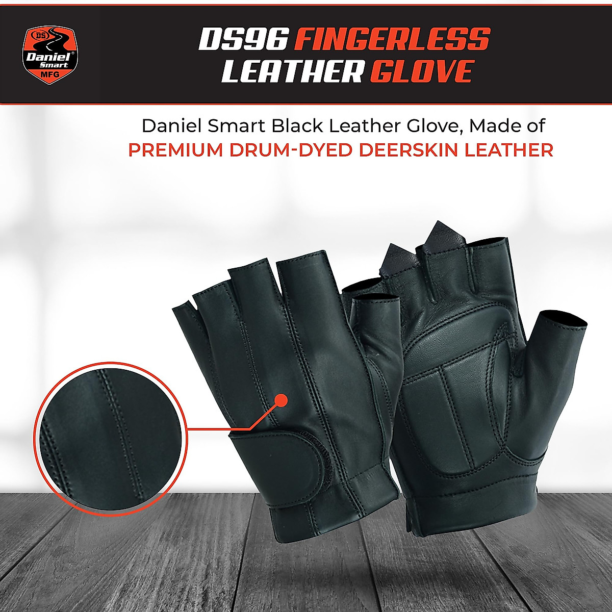 Daniel Smart Deerskin Leather Motorcycle Gloves for Men Fingerless Biker Gloves with Gel Palm and Wrist Strap