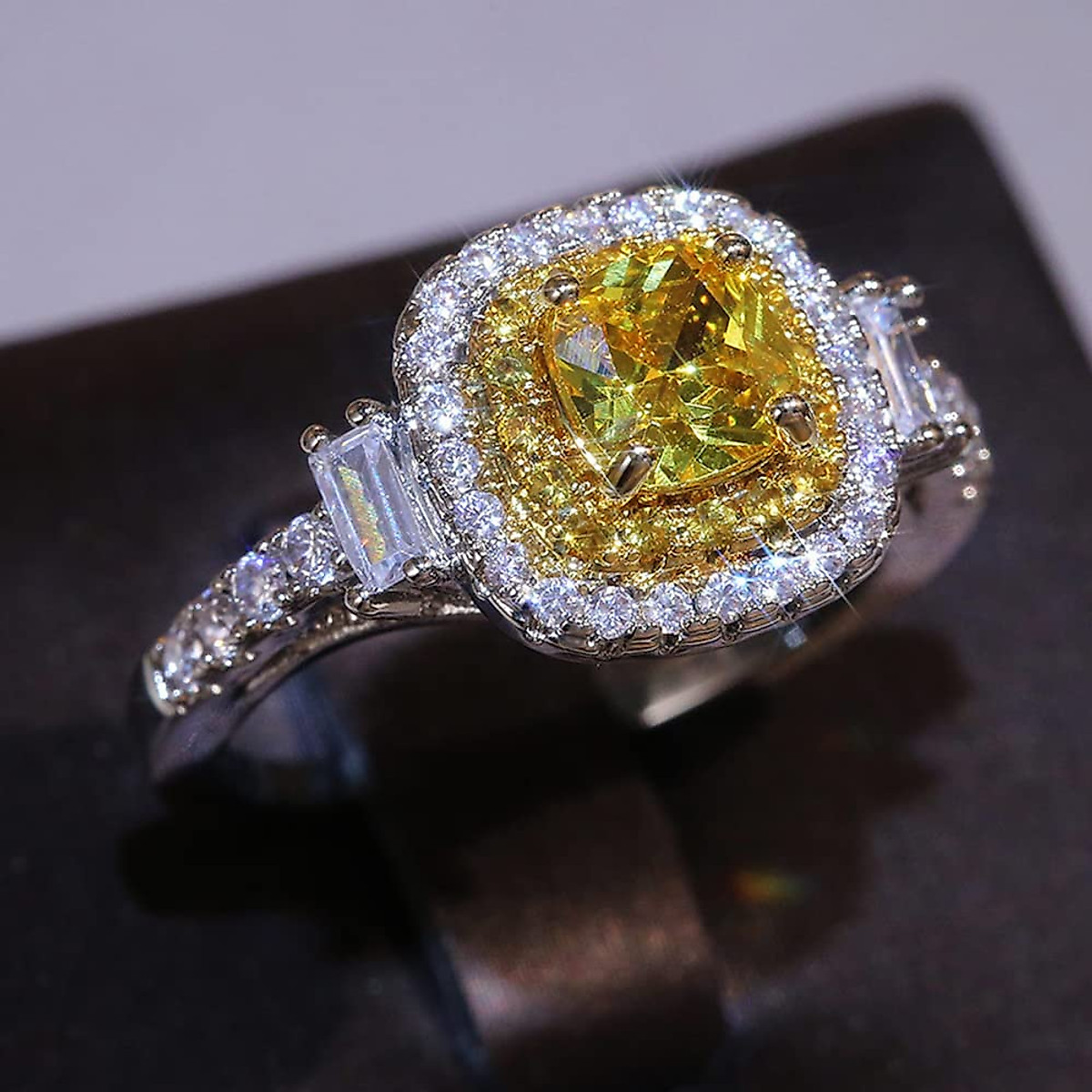 WDIYIEETN 925 Sterling Silver Full Shiny Yellow Citrine and White Topaz Cubic Zirconia Crystal Diamond Wedding Ring Jewelry for Women (8)