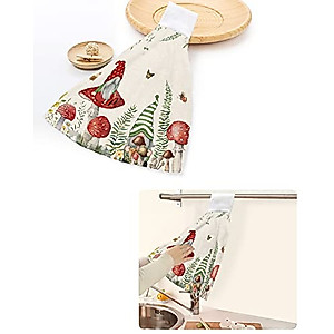 Mushroom Gnomes Hanging Kitchen Towels 2 Pack, Hand Towels with Hanging Loop for Bathroom, Spring Floral Teal Botanical Rustic Burlap Kitchen Hand Towels Absorbent Dish Cloths Tie Dry Towel 18"x14"
