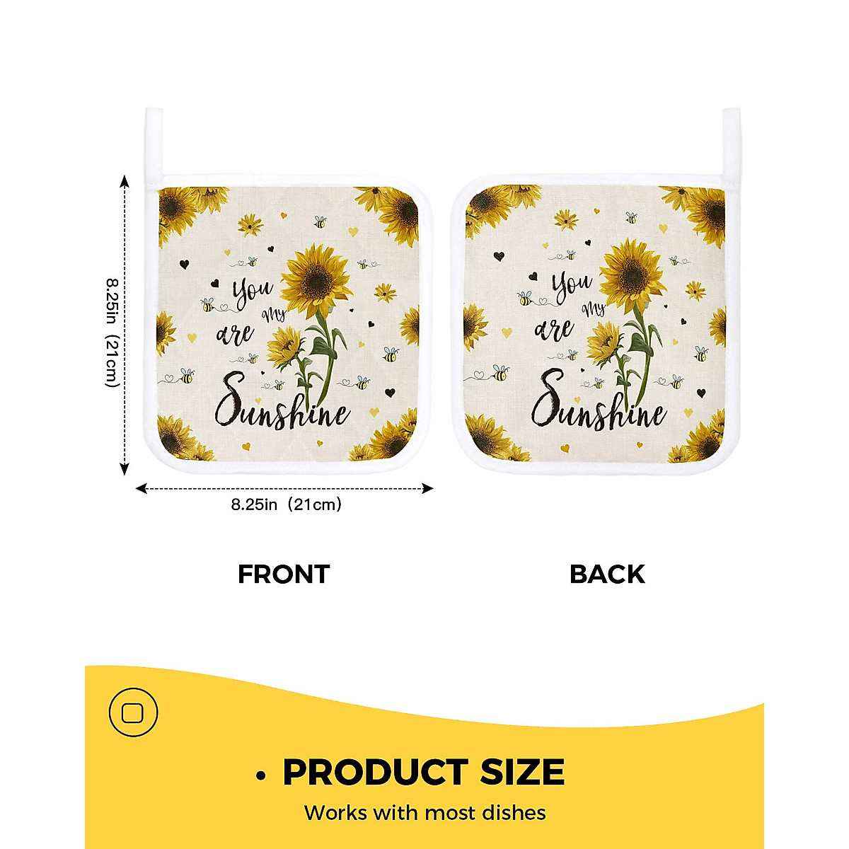 2 Pack Pot Holders Heat Insulation Potholder, Sunflower Hot Pads Multipurpose Oven Pads Terry Cloth Potholders for Kitchen Cooking Baking Dining Table Summer Sunshine Floral and Bees