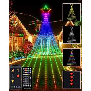 Outdoor Yard Tree Decorations Lights, Smart DIY Custom Display 11.8Ft 64 Modes Yard Waterfall Christmas Tree String Lights App Control 344LED RGB Color Changing Music Timer for Xmas Outside