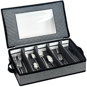 VERONLY Silverware Storage Box - Flatware Case Chest Box, 5 Compartment Tableware Cutlery Container with Removable PVC Lid and Easy to Carry Handles,Large Capacity Utensils(Light Grey)