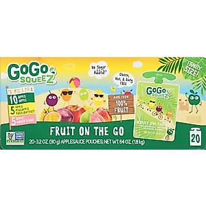 GoGo squeeZ Fruit on the Go Variety Pack, Apple, Mango Guava & Pineapple Passionfruit, 3.2 oz (Pack of 20), Unsweetened Snacks for Kids, No Gluten, Nut Dairy, Recloseable Cap, BPA Free Pouches