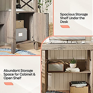 Bestier L-Shaped Home Office Computer Desk with Storage Cabinet & Bookshelf, Farmhouse Office Table for Writing Study, 60 x 42 Inch Convertible Corner Workstation Table with Shelves, Gray