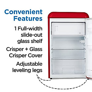 Commercial Cool CCRR4LR 4.0 Cu. Ft Freezer, Vintage Style 1 Slide-Out Glass Shelf and Crisper Cover, Retro Fridge,Red Refrigerator