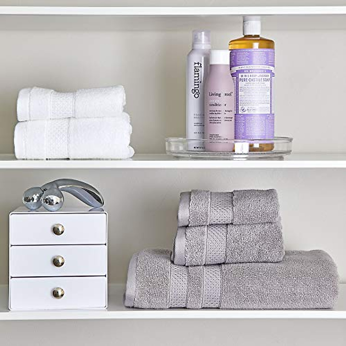 iDesign Spa Hand Towel with Hanging Loop, 100% Cotton Soft Absorbent Machine Washable Towel for Bathroom, Shower, Tub - Set of 4, Gray