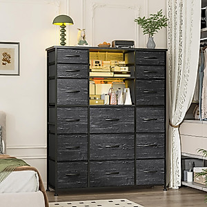 EnHomee 51" H Tall Dressers with Hutch 15 Drawer Dresser for Bedroom with Charging Station & LED Lights Sturdy Black Bedroom Dresser,Steel Frame, Wood Top, 51.2" H x 39.3" W x 11.8" D