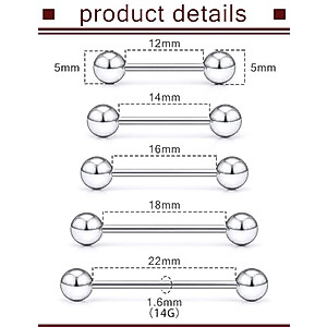 Prjndjw 14G Surgical Steel Nipple Rings Tongue Rings Cartilage Earring Straight Barbell Body Piercing Jewelry for Women Men Length 12MM 14MM 16MM 18MM 22MM BarBell Piercings