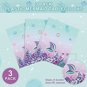 3 Pieces Mermaids Tablecloth, Sea Theme Party Table Covers Disposable Printed Plastic Waterproof Washable Table Cloth Supplies for Kids Girls Birthday Baby Shower Party Decoration, 54 x 108 Inch