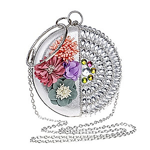 Womens Round Gorgeous Luxury Bling Evening Clutch Chain Bag with Flower Rhinestone Crystal Wedding Purse Bridal Prom Party Handbag Red