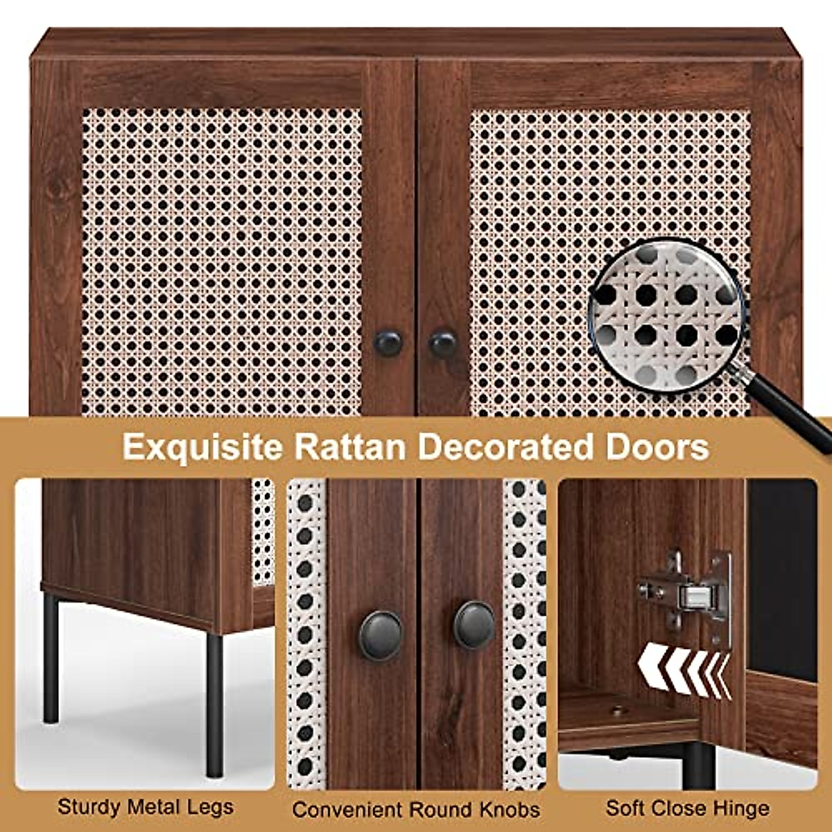 Giantex 2 Pcs Sideboard with Storage, Kitchen Buffet with 2 Rattan Doors, Liquor Cabinet, Wood Cupboard, Accent Furniture for Dining Room, Console Table for Entryway 31.5”Lx 16”Wx 31.5”H (Walnut)
