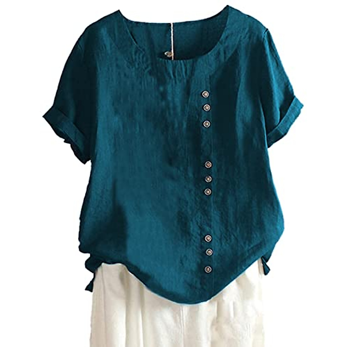 Yeokou Women Cotton Blend Crew Neck Short Sleeve Basic Tunic Tee Shirts Tops Blouse(Teal-XL)