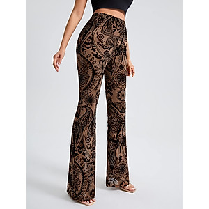 OYOANGLE Women's Bootcut High Waisted Yoga Pants Floral Print Wide Leg Pants Trousers Brown Floral M