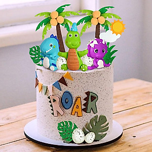 Dinosaur Cake Toppers Clay Dinosaurs Palm Leaves Dinosaur Eggs for Boy Girl Kid Birthday Baby Shower Dinosaur Theme Jungle Party Supplies (Multicolor)