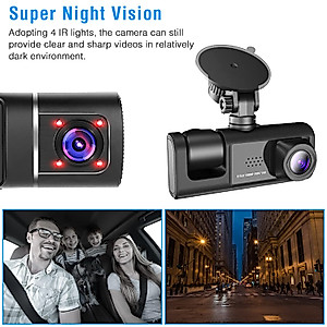 TeqHome 3 Channel Dash Cam Front and Rear Inside, 1080P FHD Dash Camera for Cars, Three Way Triple Dashcam Car Camera Recorder with IR Night Vision, Loop Recording, WDR, 24H Parking Monitor, G-Sensor