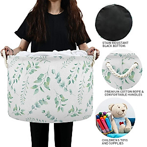 ALAZA Large Storage Basket for Toys Eucalyptus Leaf Green Tropical Plant Round Blanket Basket Laundry Hamper Canvas Organizer Bin Box Cotton Rope Collapsible Bucket Pillow Home Decor