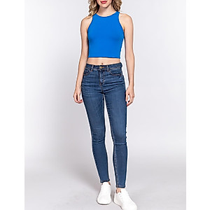 Camisole Crop Tank Top Sexy High Crew Boat Neck Slim Classic Knit Fit Black M