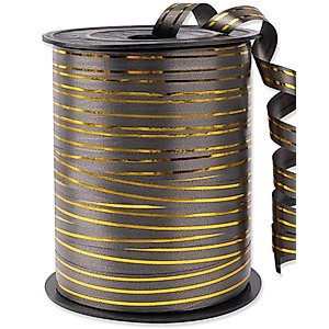 PartyWoo Black and Gold Curling Ribbon, 219 Yard Ribbon for Balloons, Balloon String, Balloon Ribbon, Curling Ribbon for Craft, Ribbon for Gift Wrapping, Crafting, Wedding, Florist Flower (1 Roll)