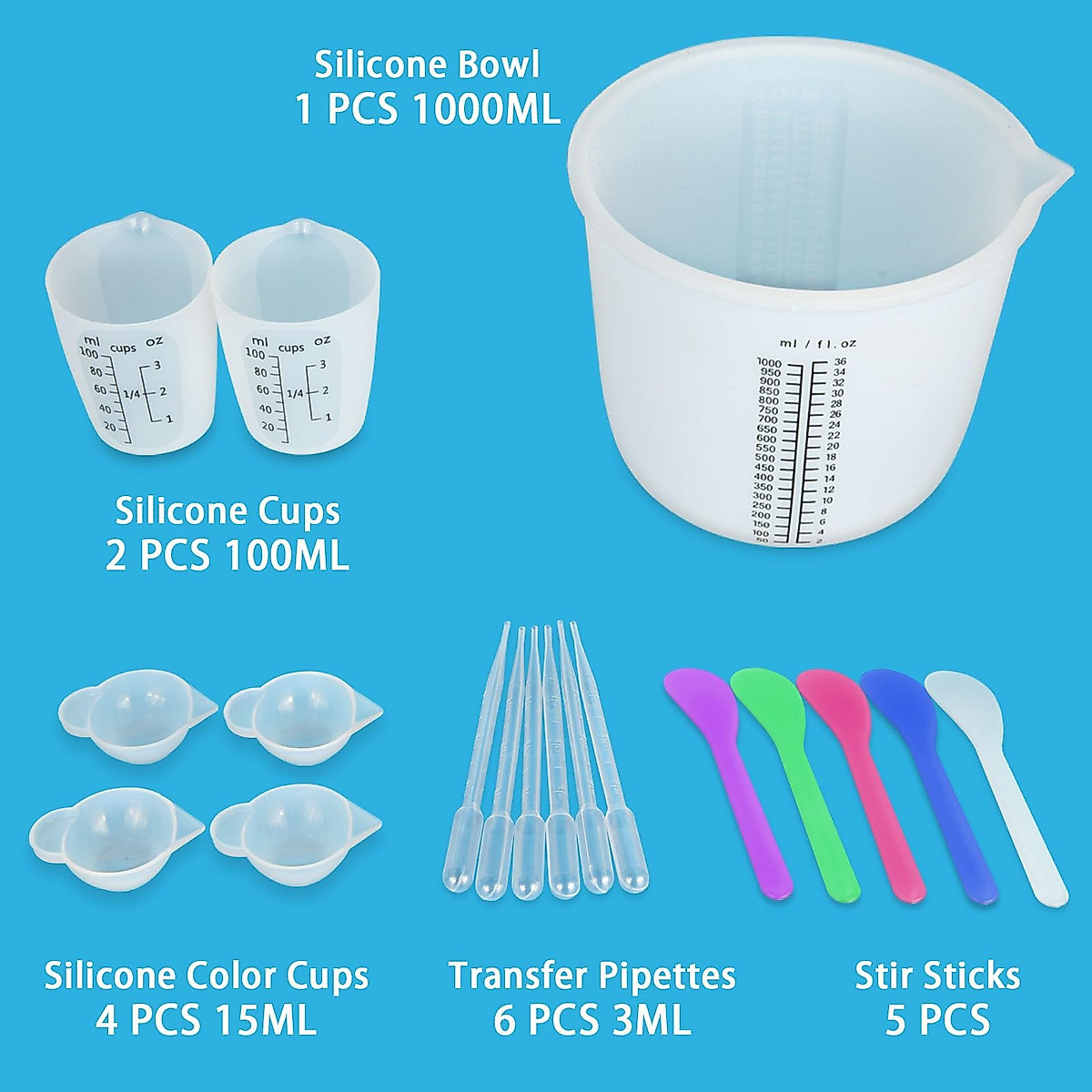 Creahaus 1000ML Large Silicone Measuring Cups for Resin, Easy to Read 36oz Silicone Mixing Bowl with 100ML Silicone Resin Mixing Cup, Easy Clean Reusable Epoxy Resin Supplies with Stir Stick, Pipettes