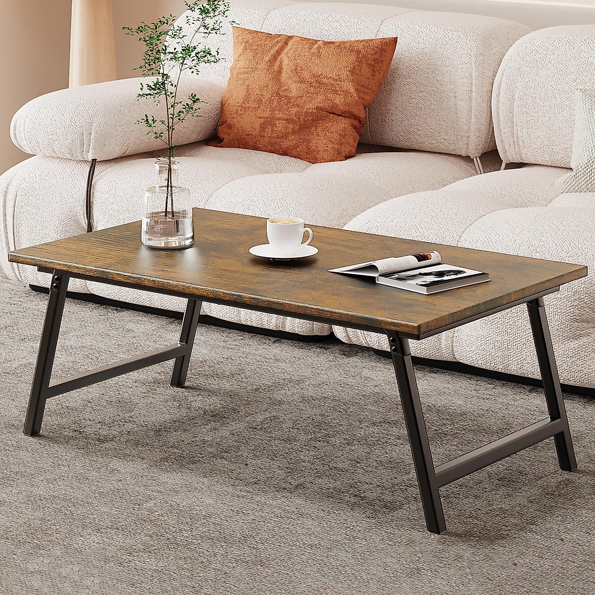 Xankzi Folding Coffee Table, Portable Wood Low Table with Metal Legs, No Assembly Required, Small Foldable Floor Desk for Tea Room/Living Room/Small Spaces (39.4in x 23.6in x 15.8in) (Rustic Brown)