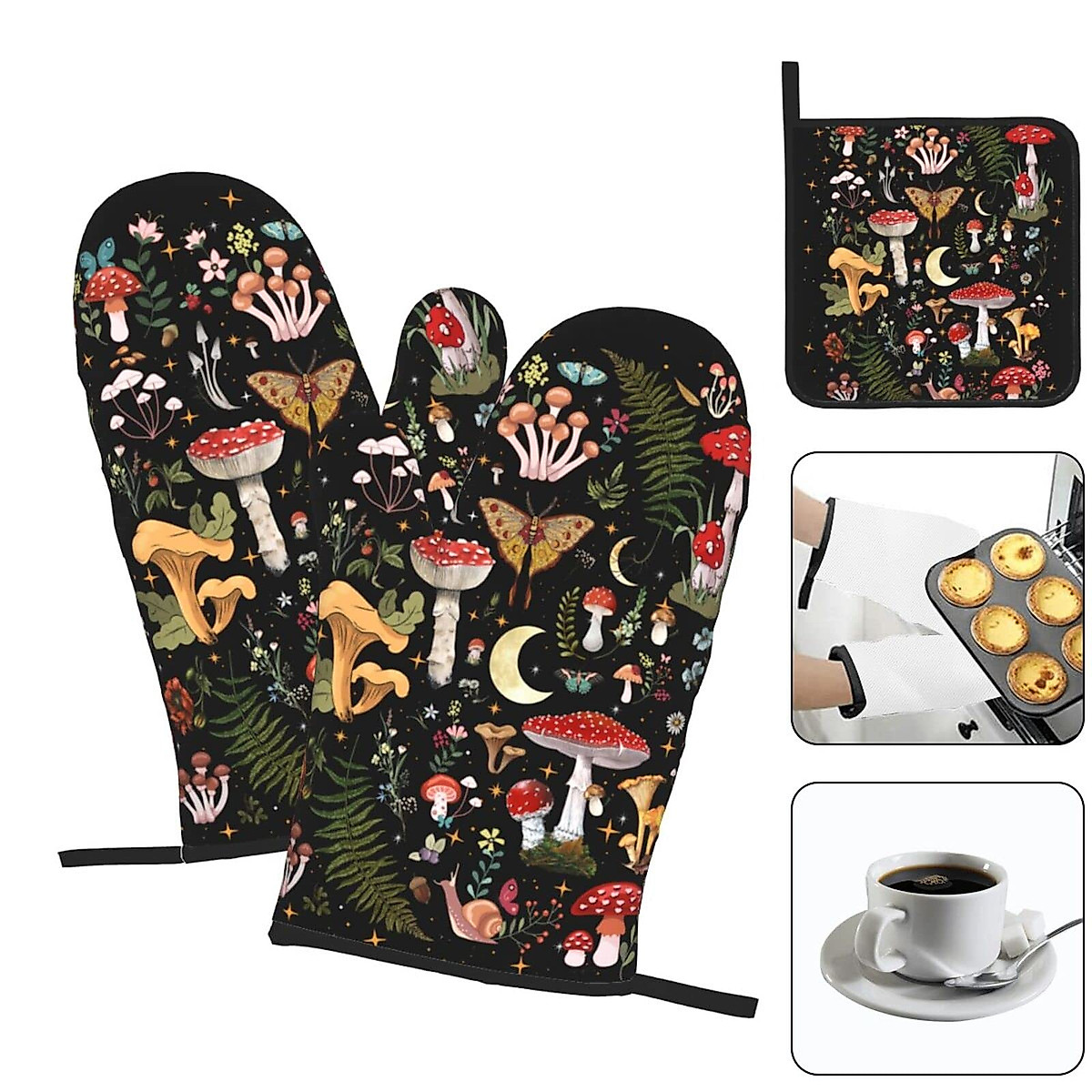 Cute Mushroom Oven Mitts and Pot Holders Sets of 3,Funny Black Gothic Witchy Gifts Heat Resistant Kitchen Mitts Non Slip Washable for Cooking Grilling Baking BBQ Kitchen Decor