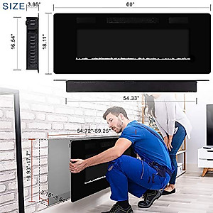 Xbeauty 60" Electric Fireplace in-Wall Recessed and Wall Mounted 1500W Fireplace Heater and Linear Fireplace with Timer/Multicolor Flames/Touch Screen/Remote Control (Black)